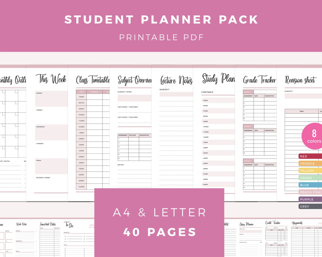 Student Planner Printable Pack, Study Planner, School and College ...