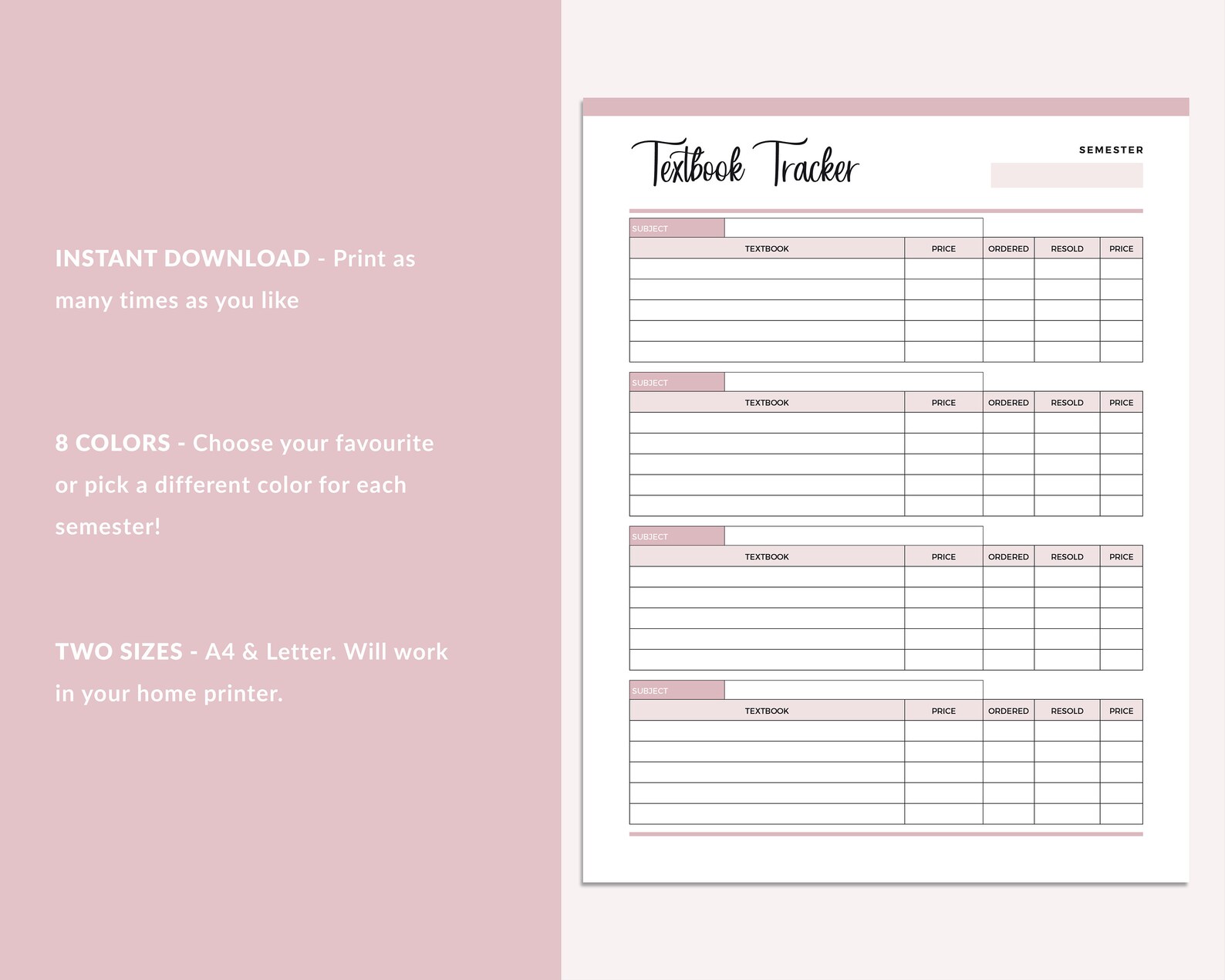 Printable Textbook Tracker College Student Text Book List | Etsy