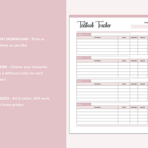 Printable Textbook Tracker, College Student Text Book List, University ...