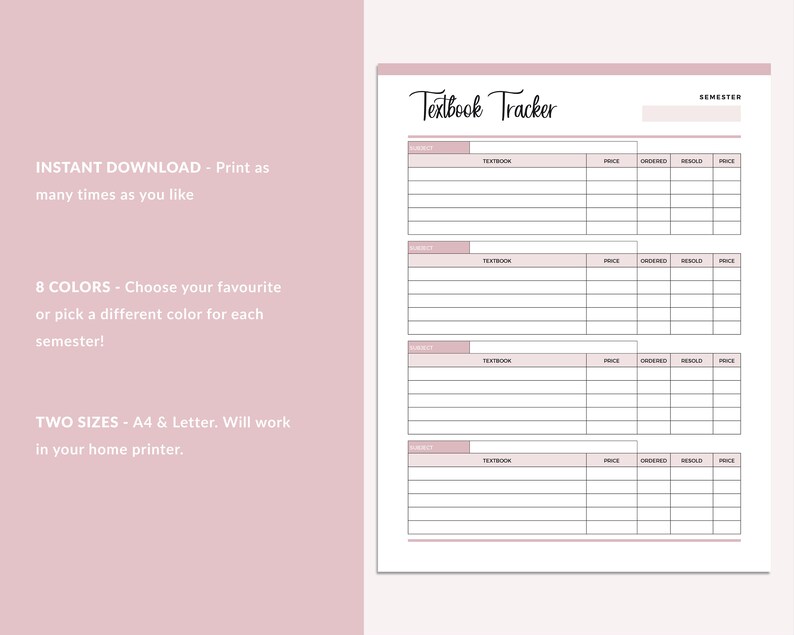 Printable Textbook Tracker College Student Text Book List | Etsy