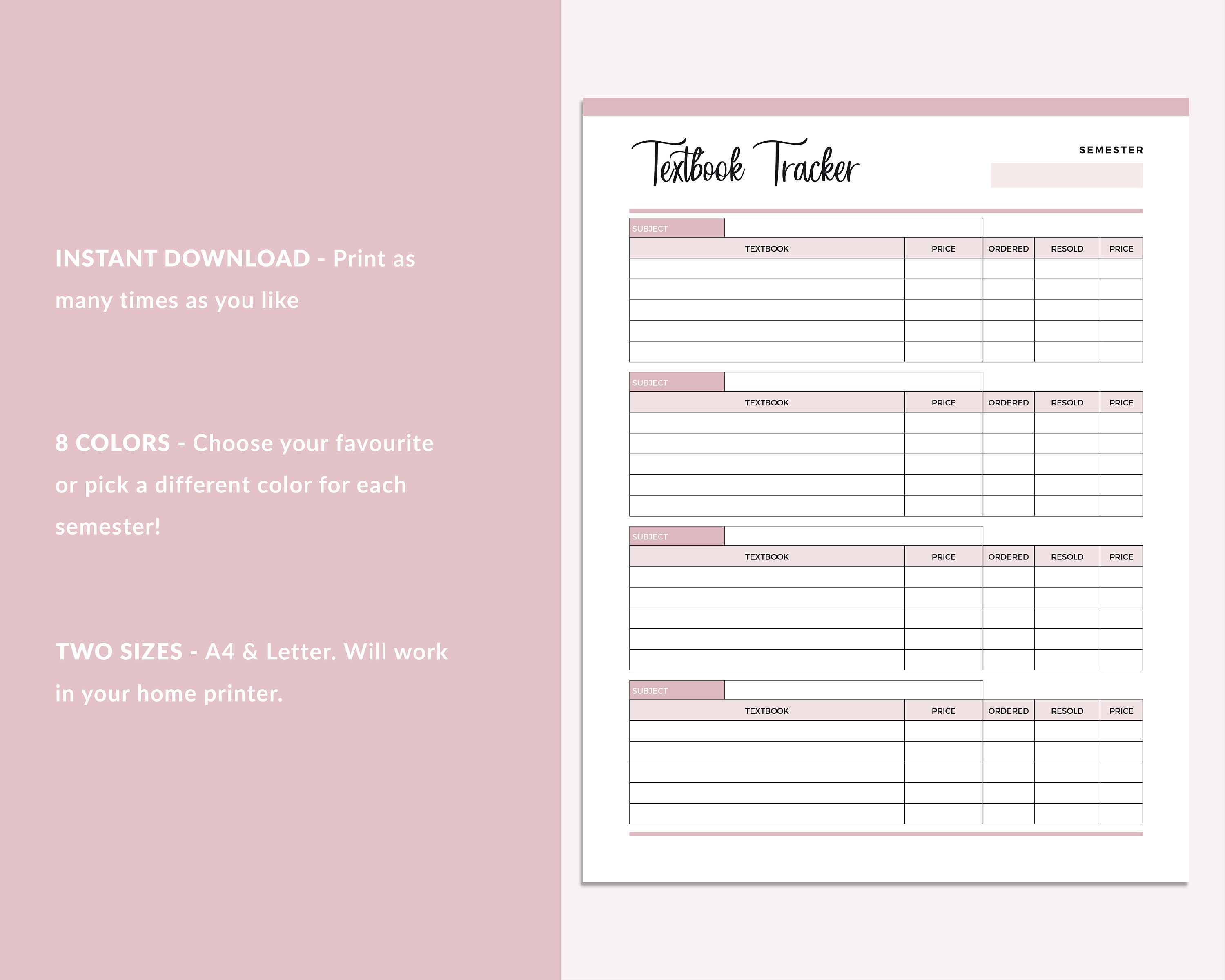 Printable Textbook Tracker, College Student Text Book List, University ...