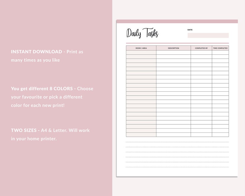 Printable Daily Task Sheet for Cleaners, Painters, Household Workers ...