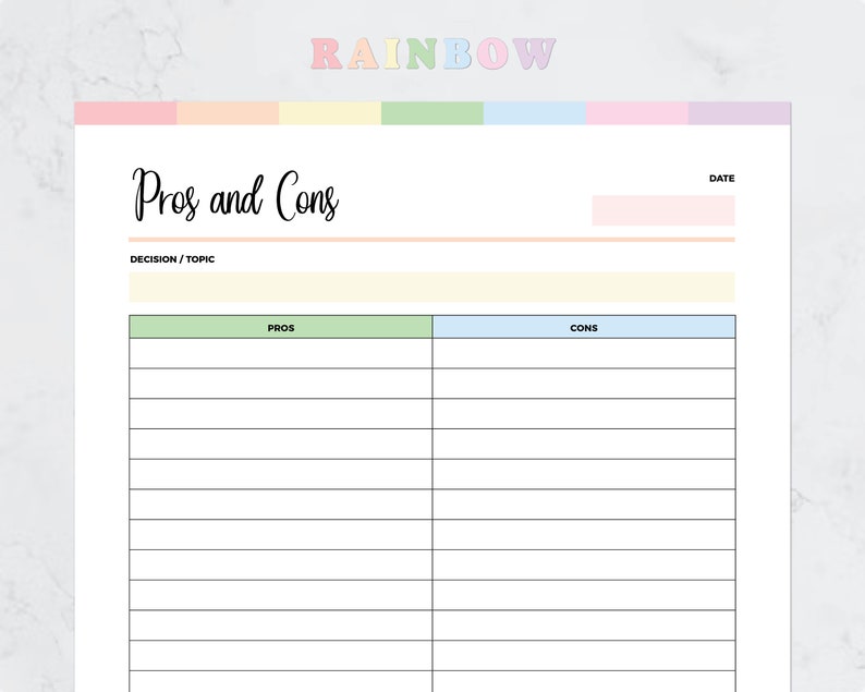 Printable Pros and Cons List Template (PDF) - Etsy