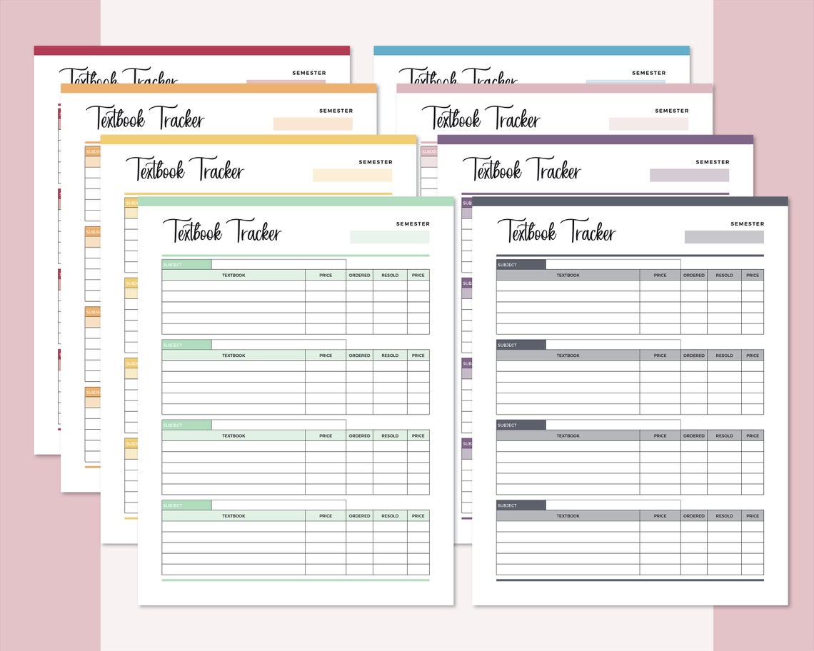 Printable Textbook Tracker, College Student Text Book List, University ...