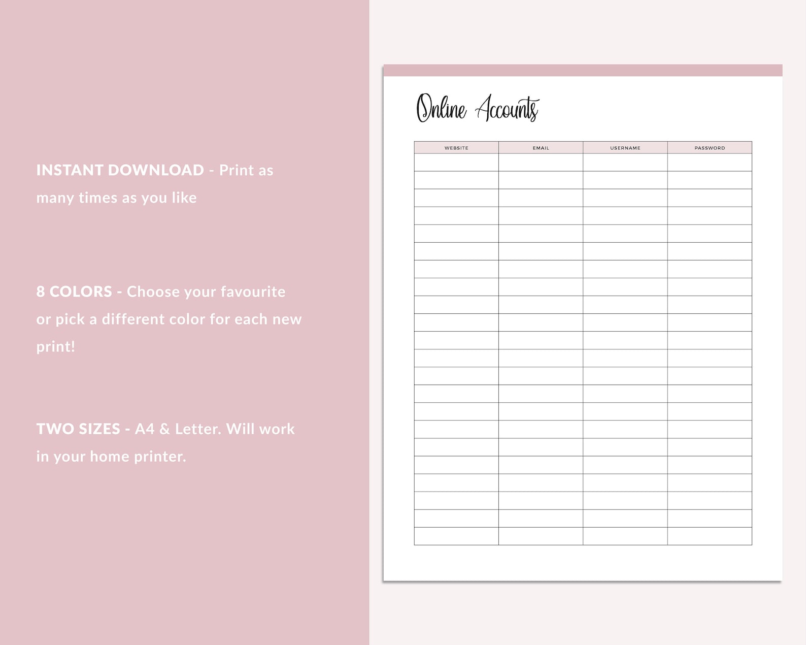 Printable Online Account List, Password Log, Password Keeper, Password ...