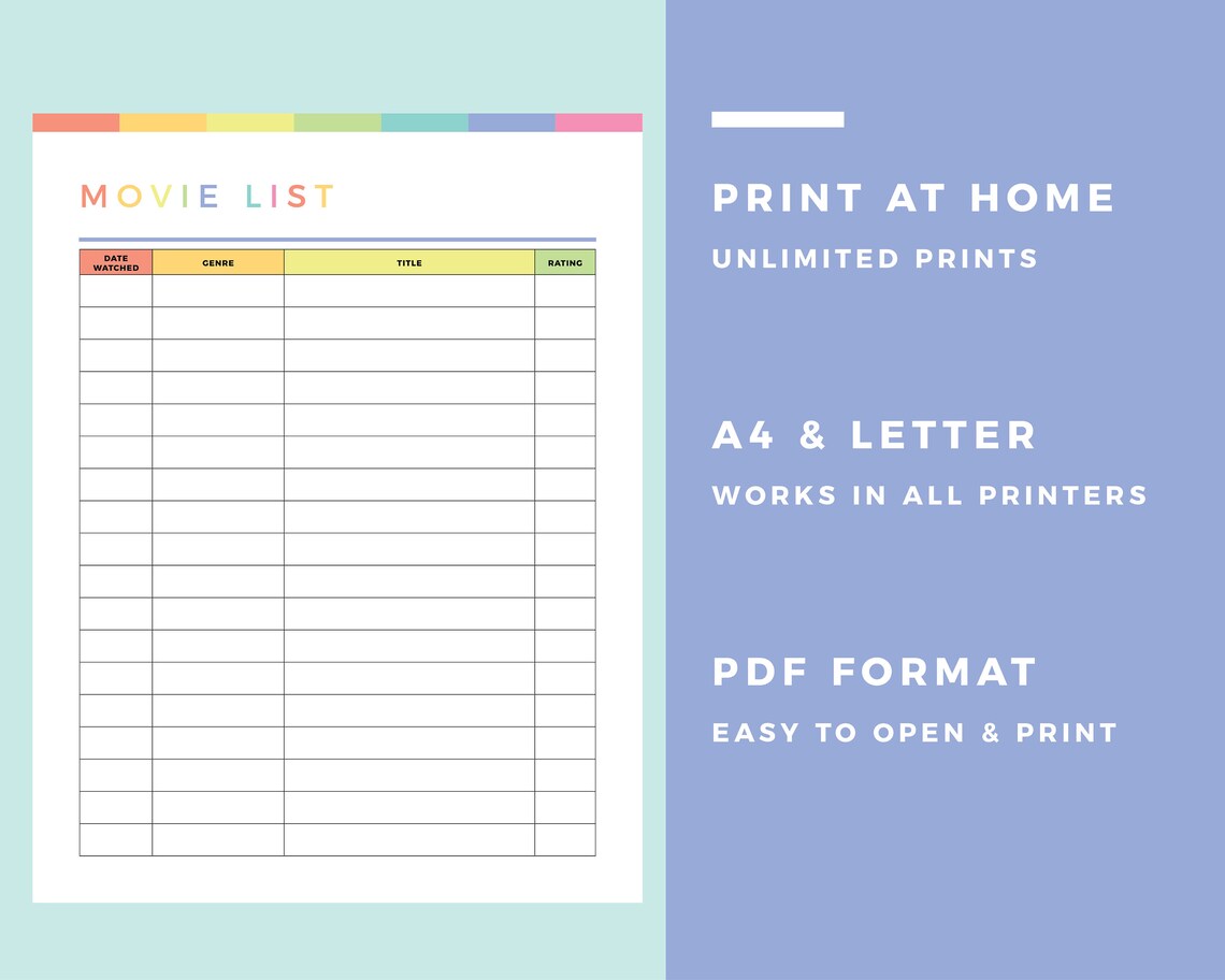 Printable Movie Watching List, Film Watching Record for Kids, Movie ...