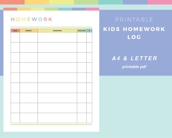Printable Kids Homework Tracker Children's Homework Log - Etsy Canada
