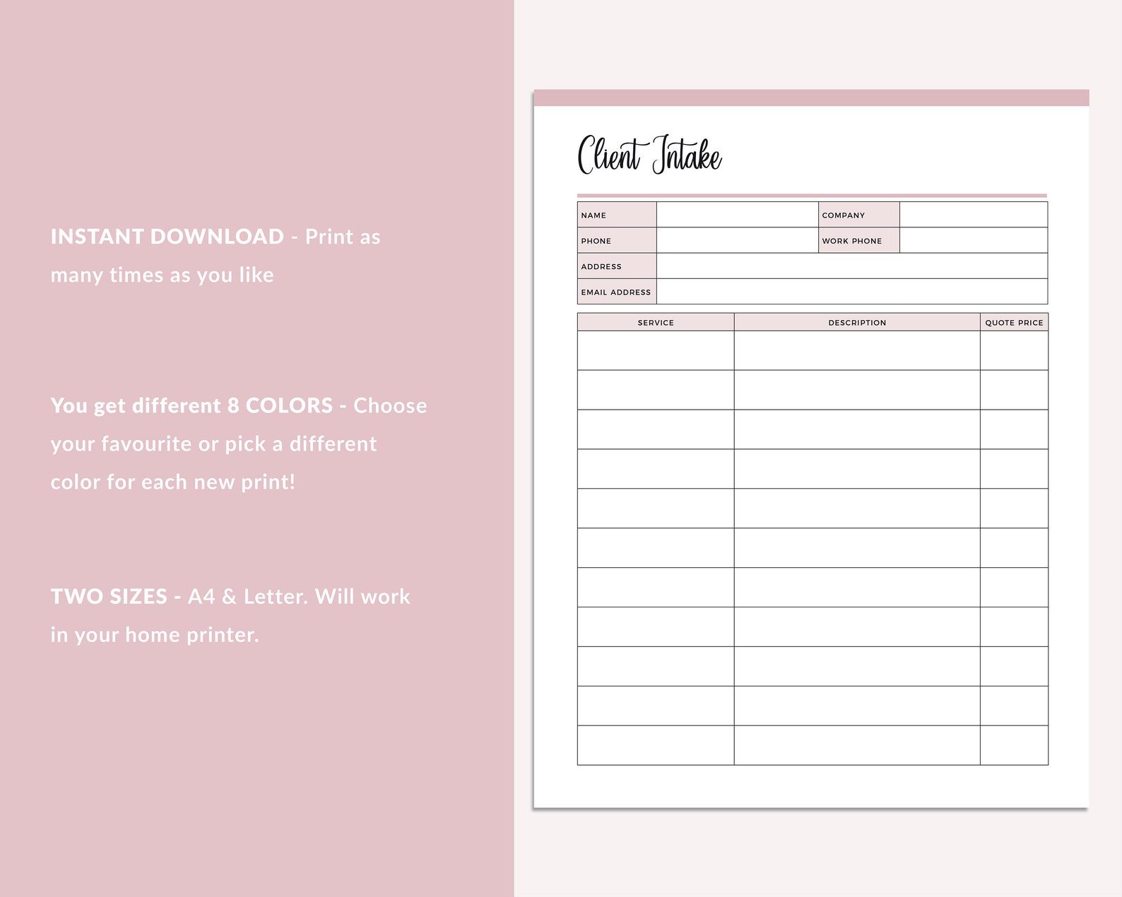Printable Client Intake Form, Client Service List, Client Services ...