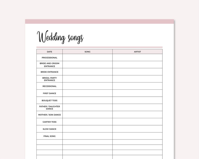 Wedding Song List Printable Wedding Musing Planner Wedding - Etsy