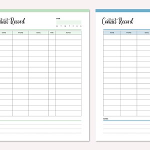 Printable Contact Record, Contact Tracker, Client Contact Sheet ...