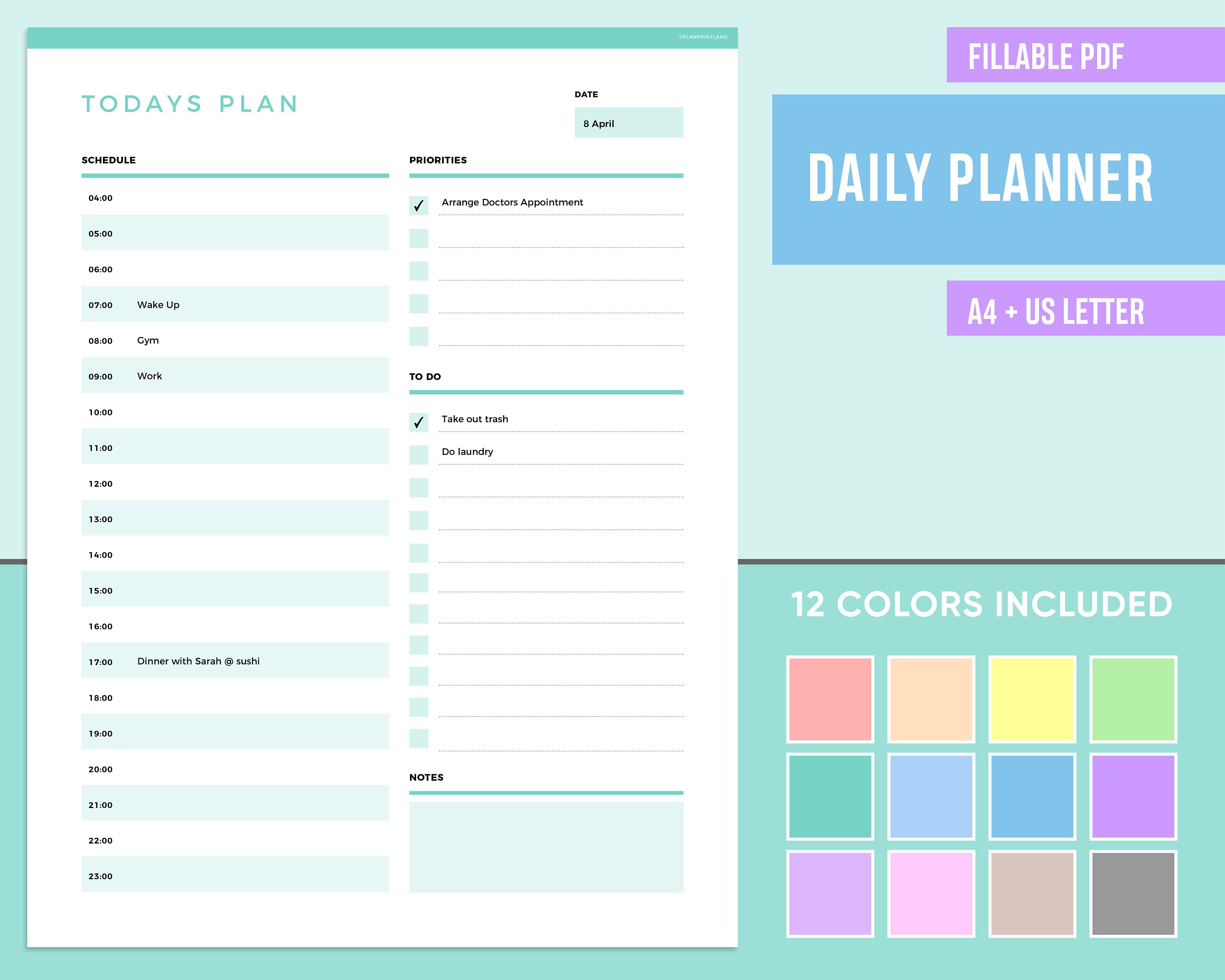 Editable Daily Planner Printable, Hourly Planner Template, Daily ...