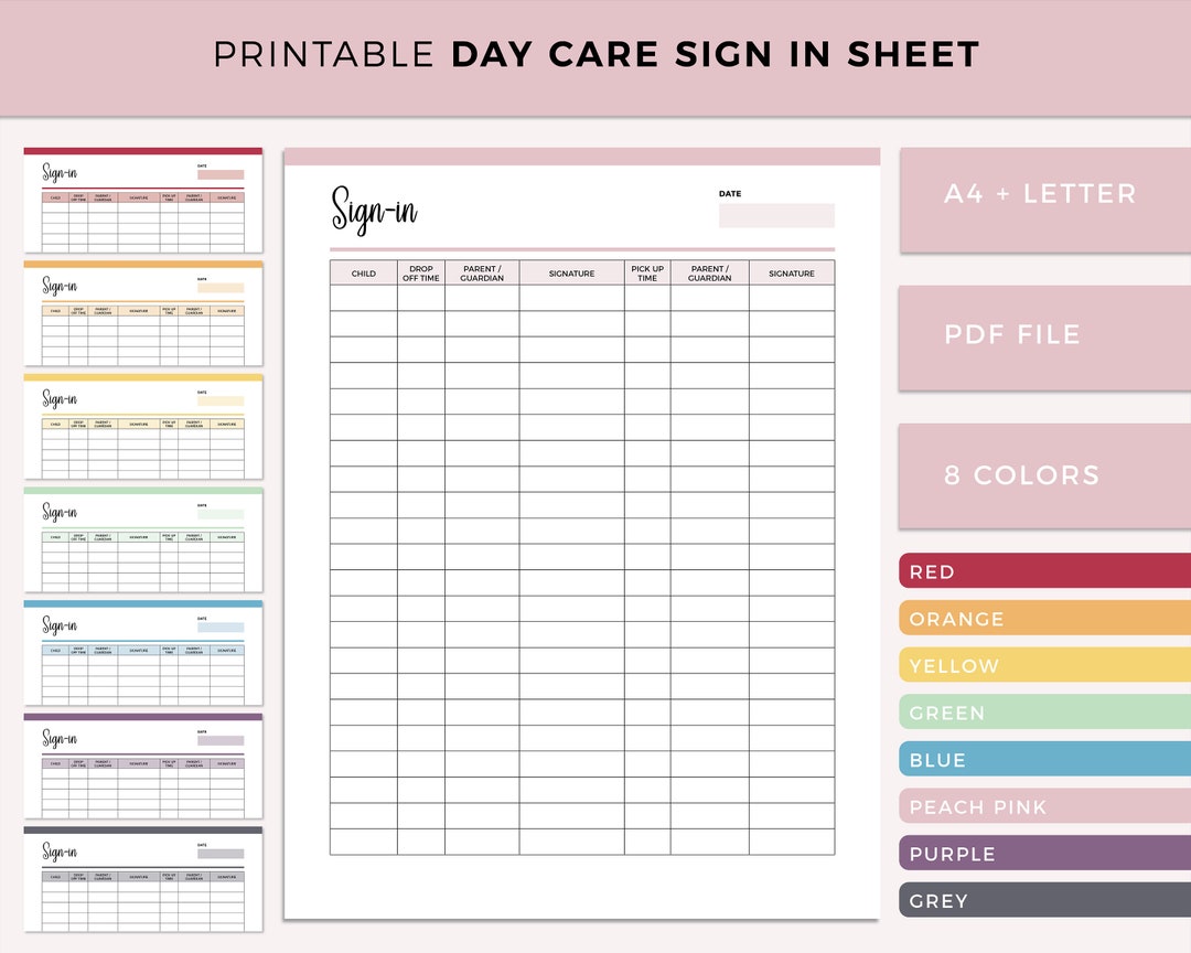 Daycare Sign in Sheet, Day Care Sign in Form, Preschool Sign In ...