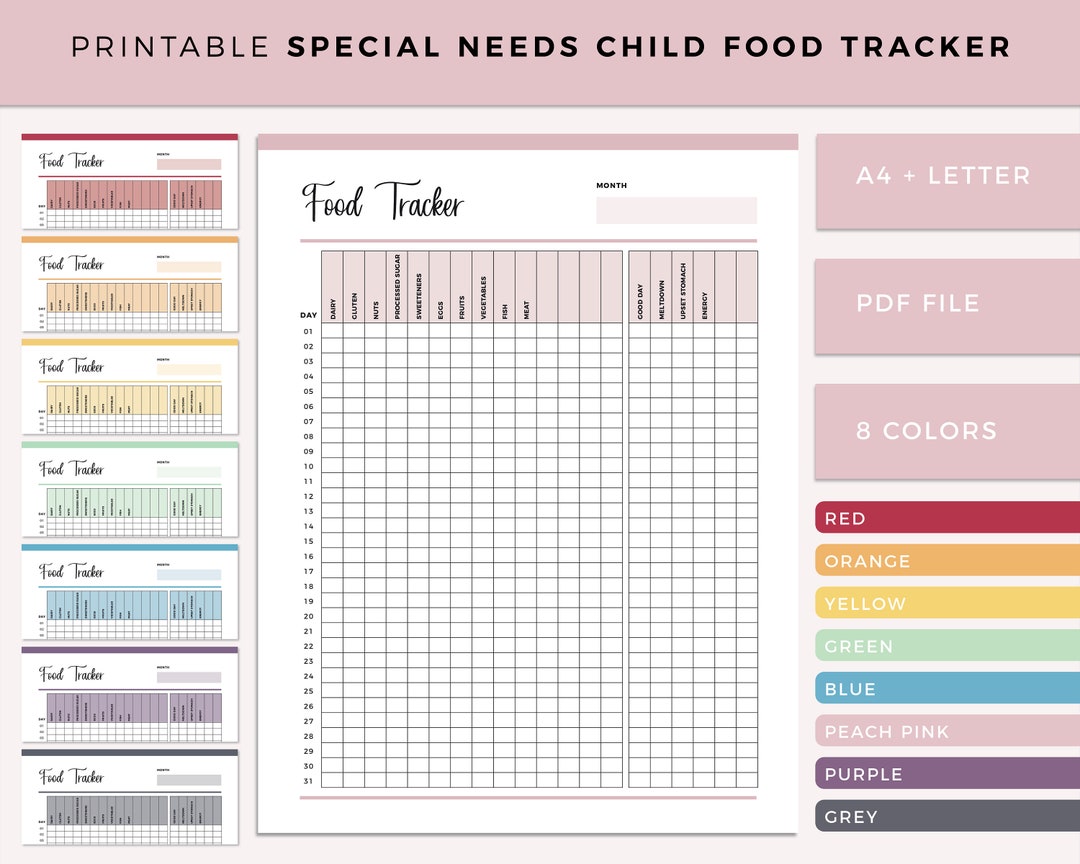Printable Special Needs Food Tracker, Food Log for Children, Autism ...