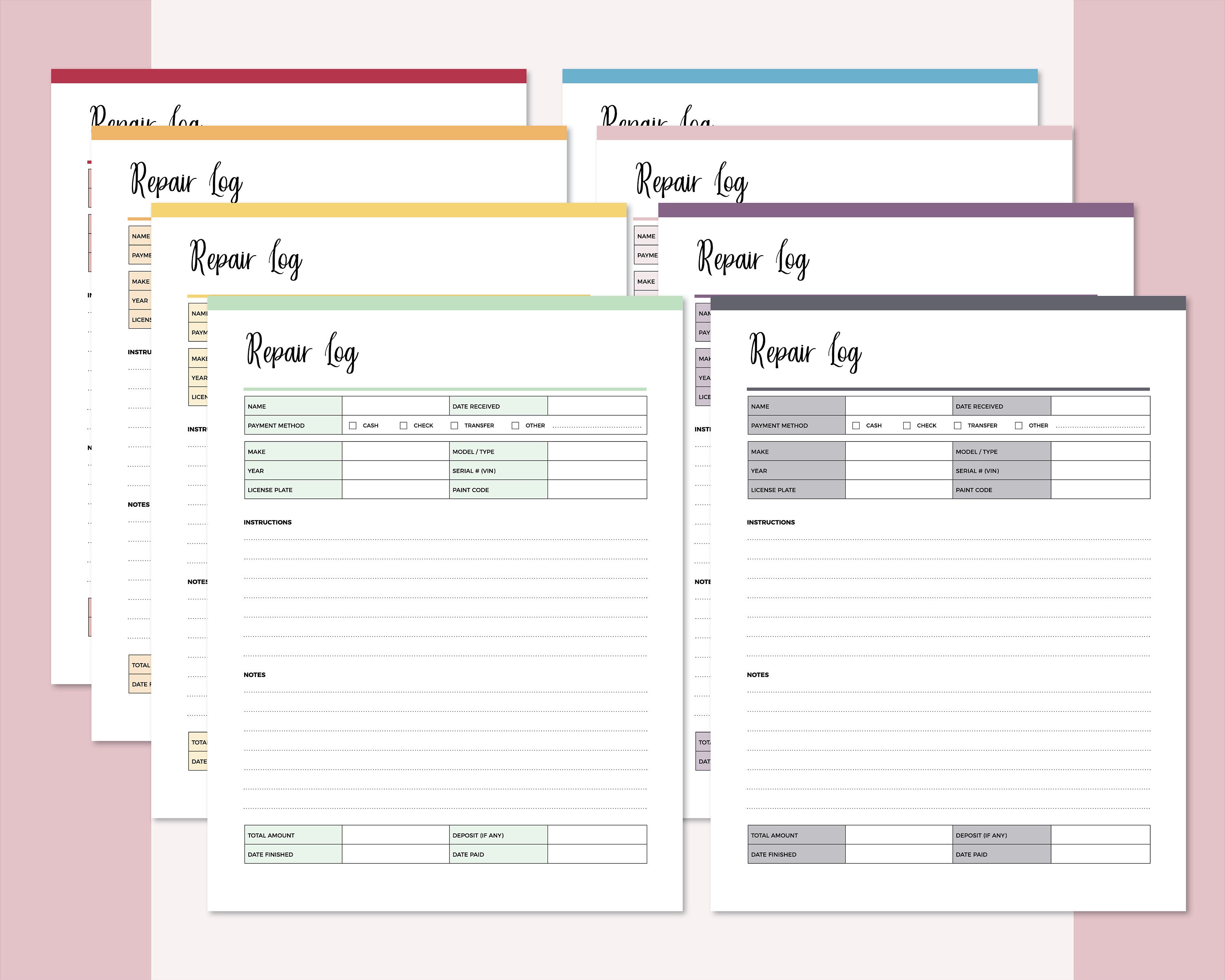 Printable Mechanic Repair Log Auto Body Repair Sheet | Etsy