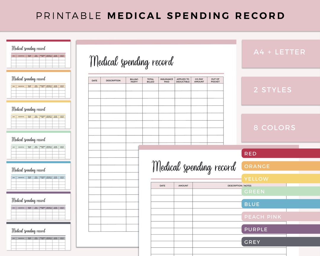 Printable Medical Spending Record, Medical Finance Sheet, Medical Cost ...