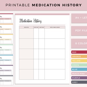 Printable Medication History Template, Medical Binder Planner Insert ...
