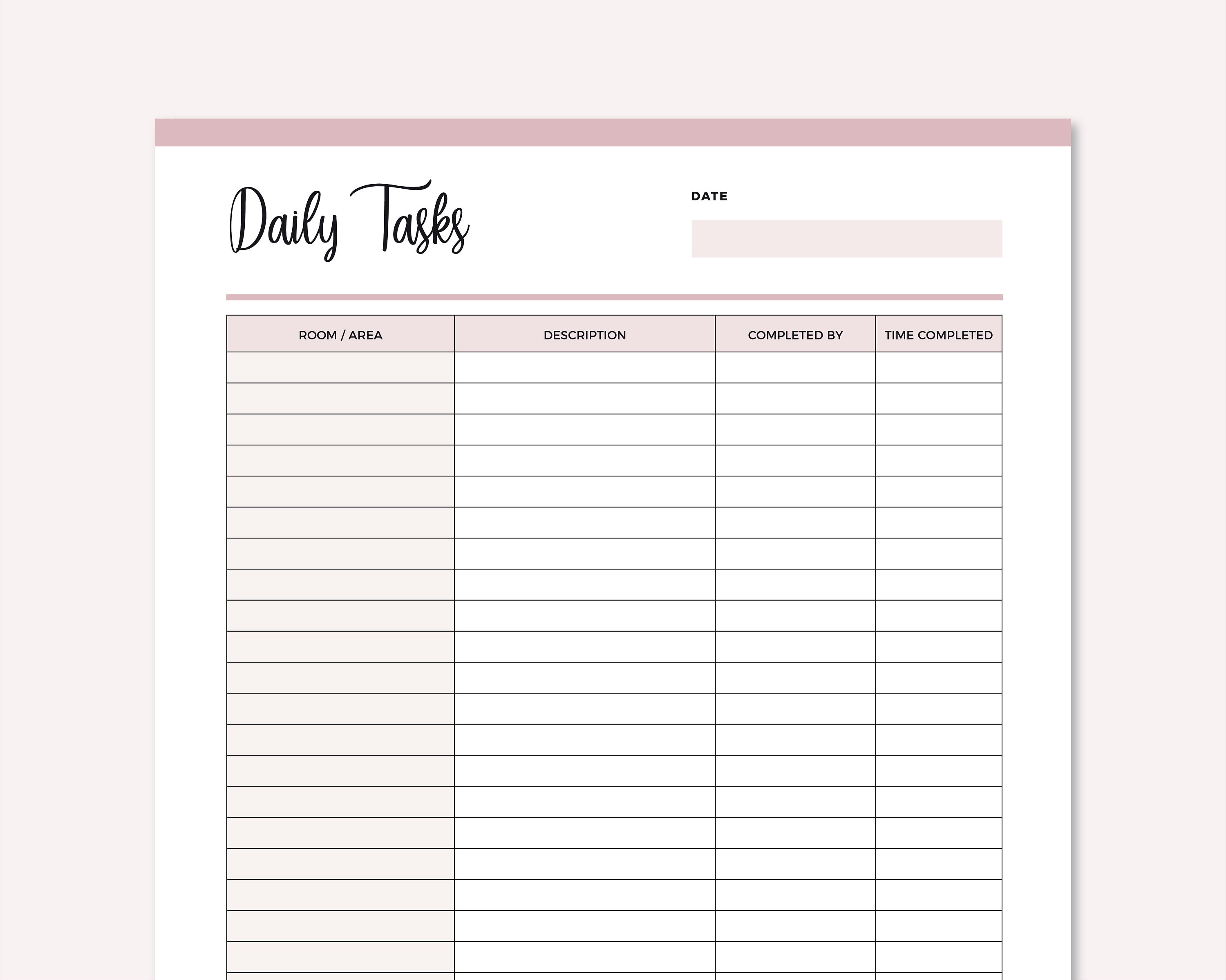Printable Daily Task Sheet for Cleaners Painters Household | Etsy India