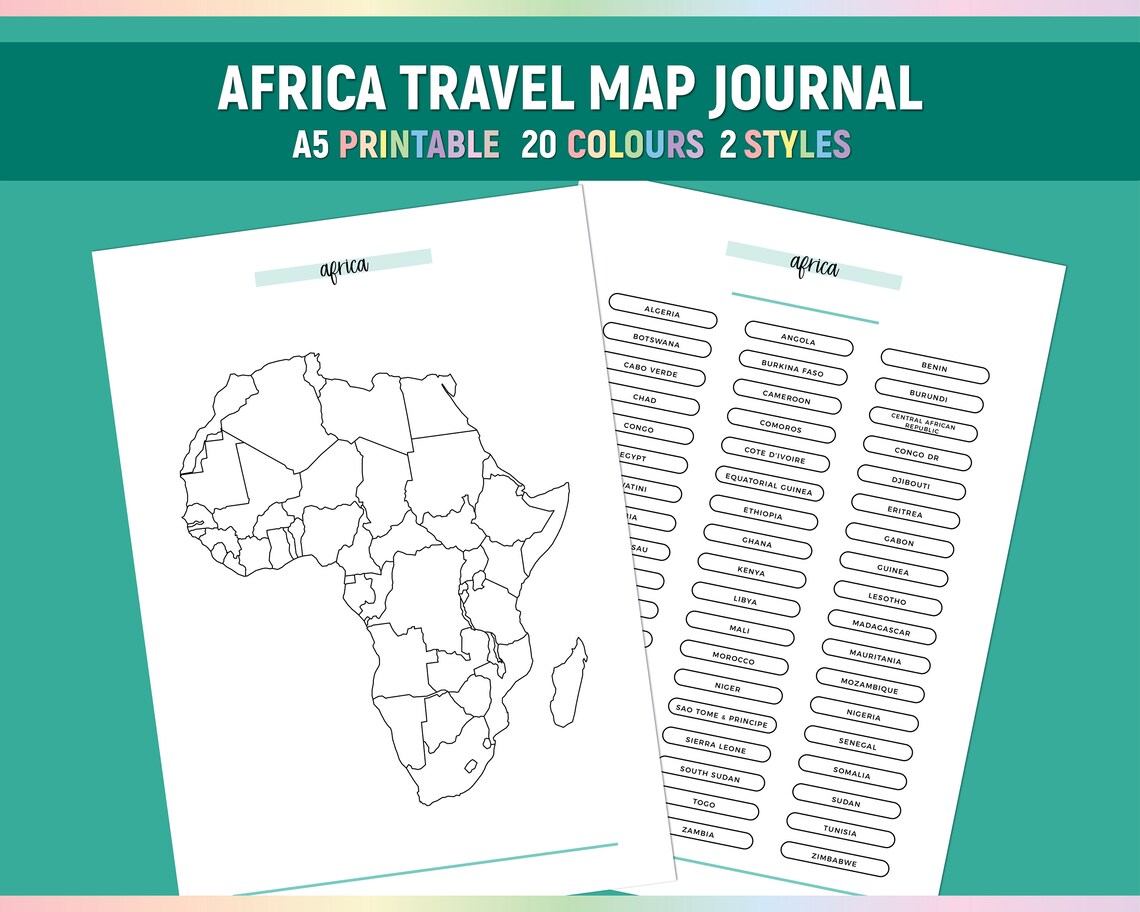 A5 Africa Travel Map Journal, Printable Africa Trip Tracker Tracker ...