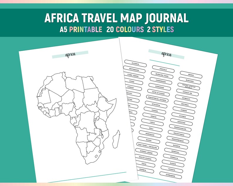 A5 Africa Travel Map Journal, Printable Africa Trip Tracker Tracker ...