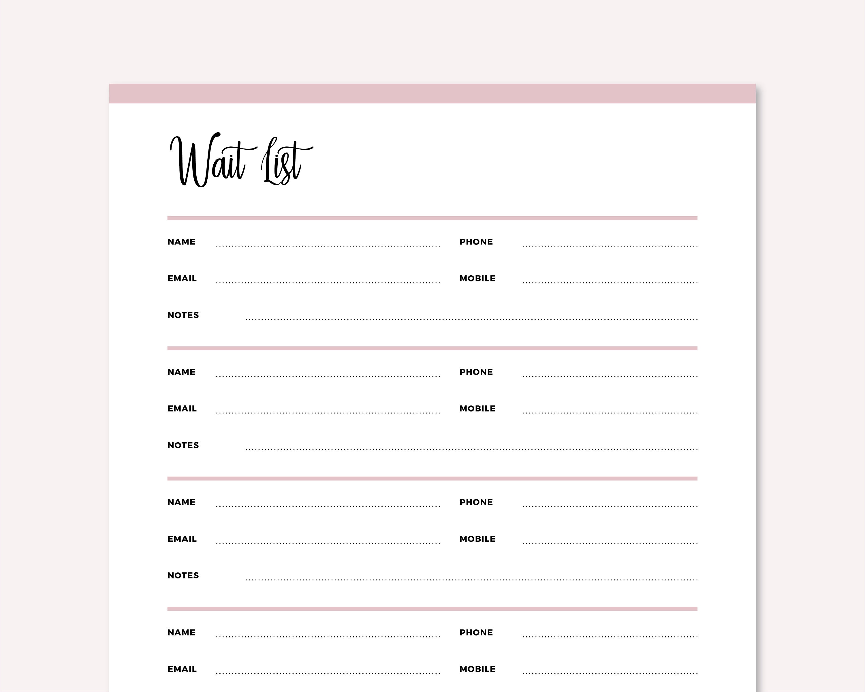 Printable Wait List, Business Contact List, MLM Waitlist, Client Wait ...
