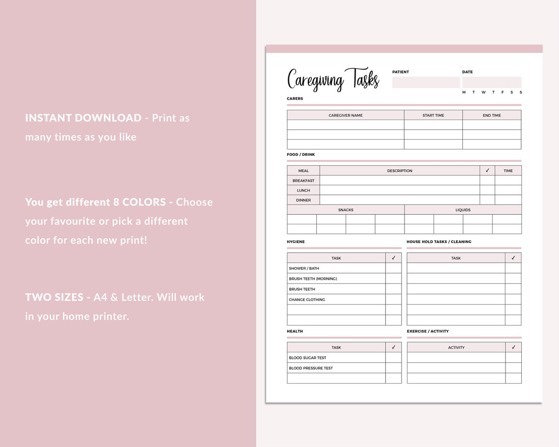 Caregiver Checklist Printable, Caregiver Daily Log, Caregiving ...