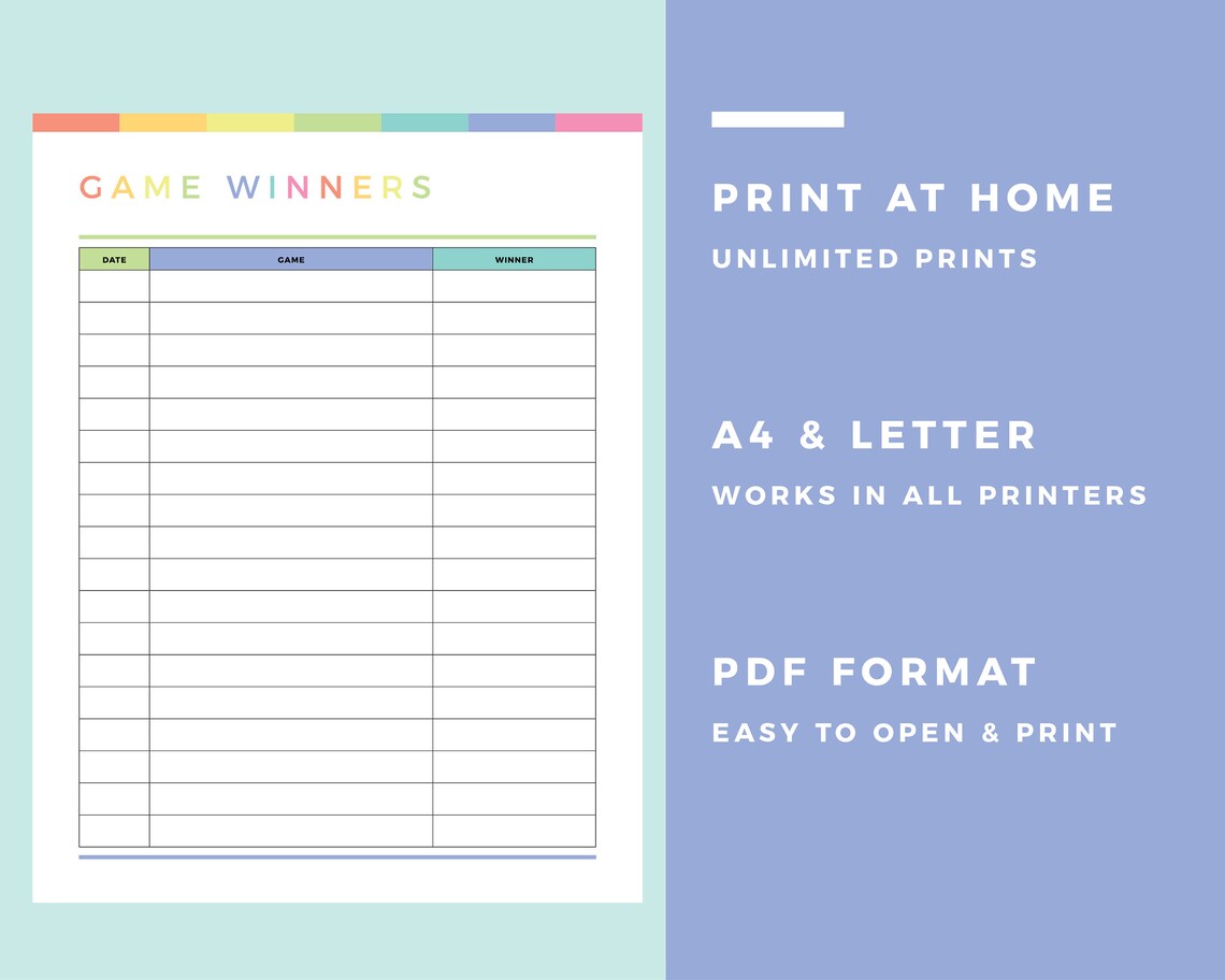 Printable Board Game Winner Tracker Game Tracking Log Games - Etsy