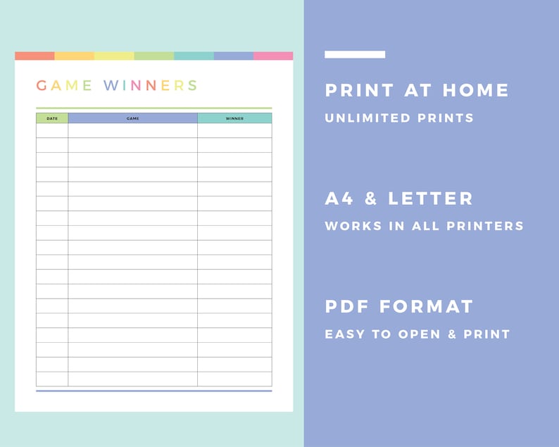 Printable Board Game Winner Tracker Game Tracking Log Games - Etsy