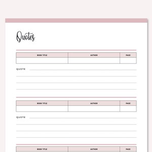 Printable Book Quote Sheet, Book Quote Planner, Quote Tracker, Book ...