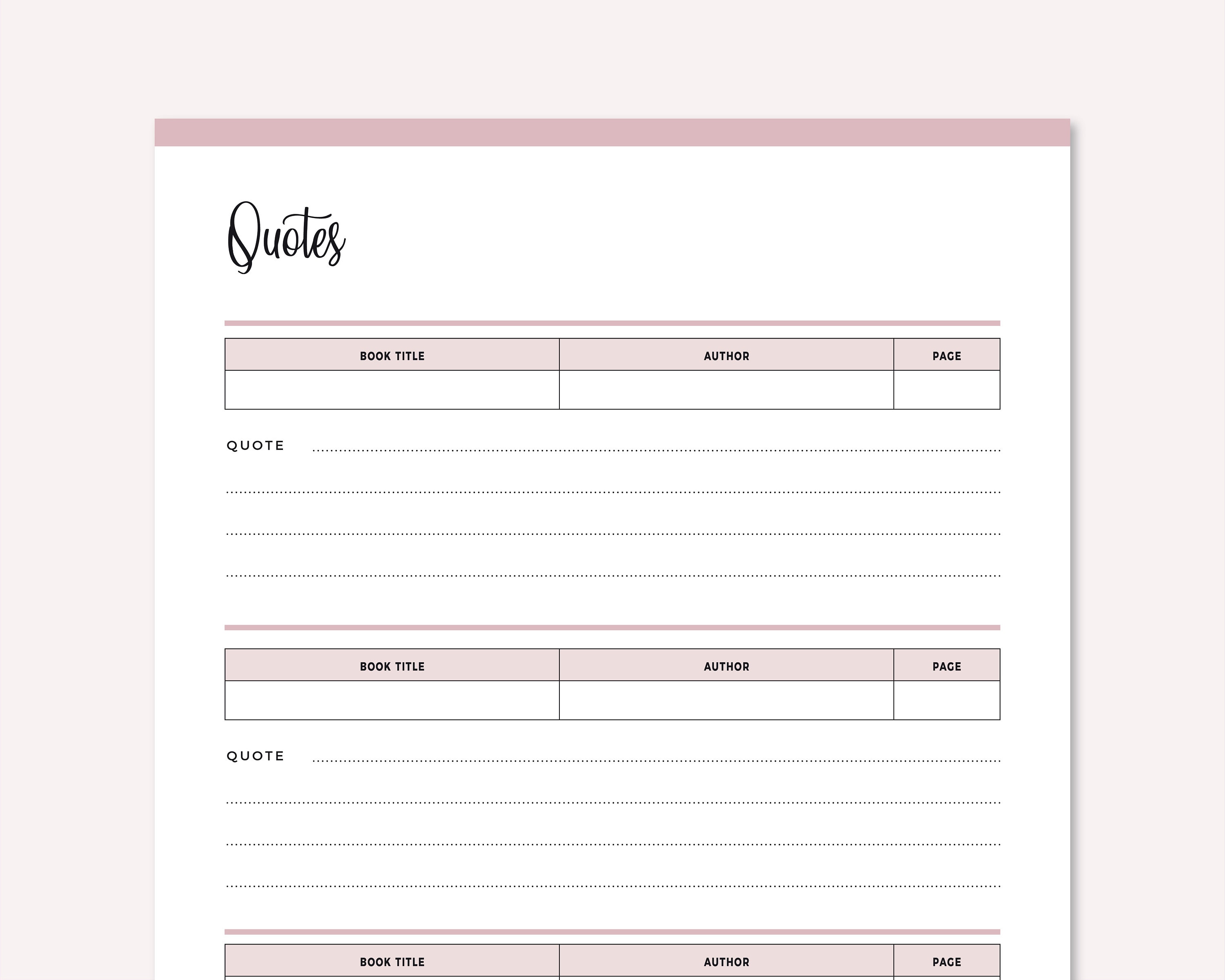 Printable Book Quote Sheet, Book Quote Planner, Quote Tracker, Book ...