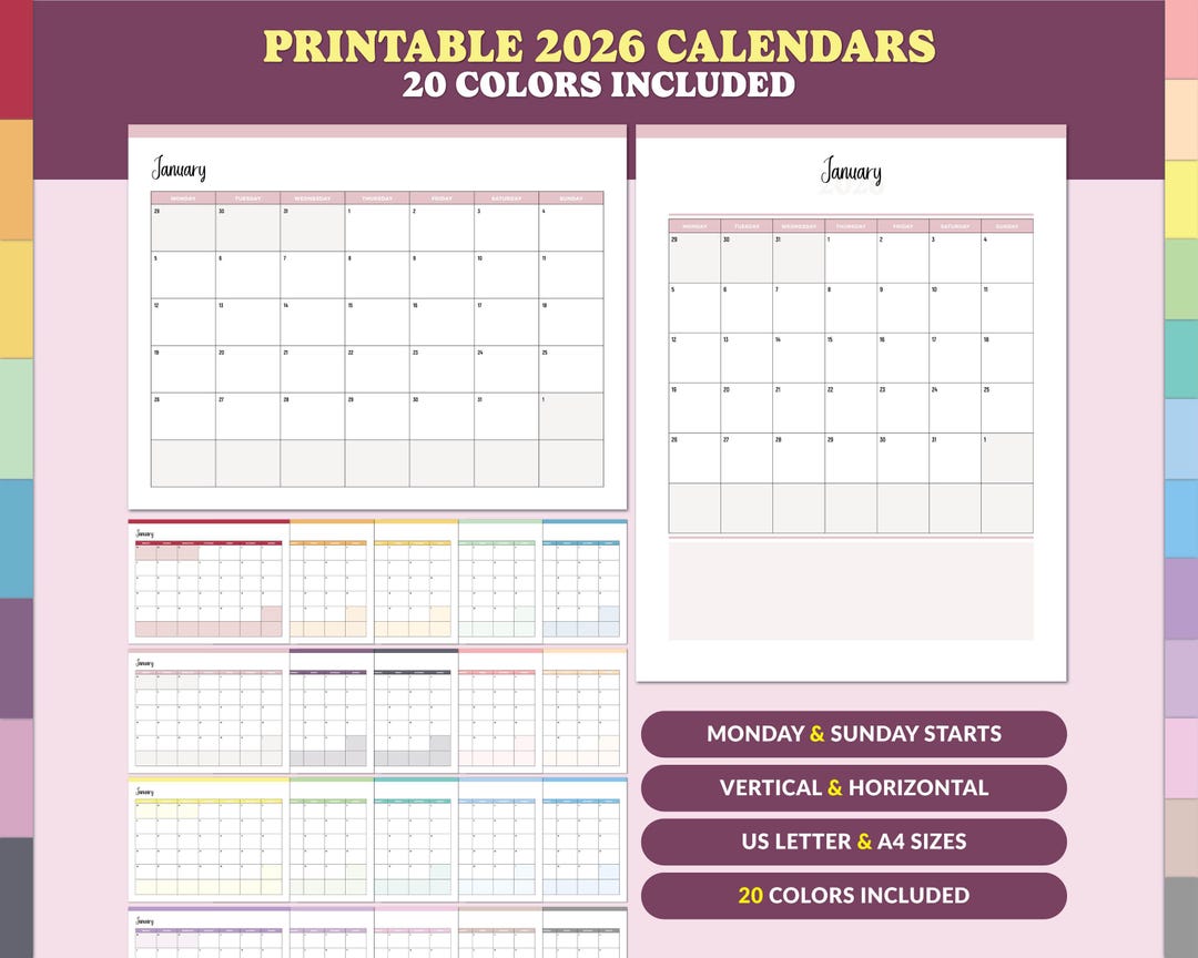 Calendar 2026 - Printable 2026 Calendar - 2026 Wall Calendar - Monthly ...