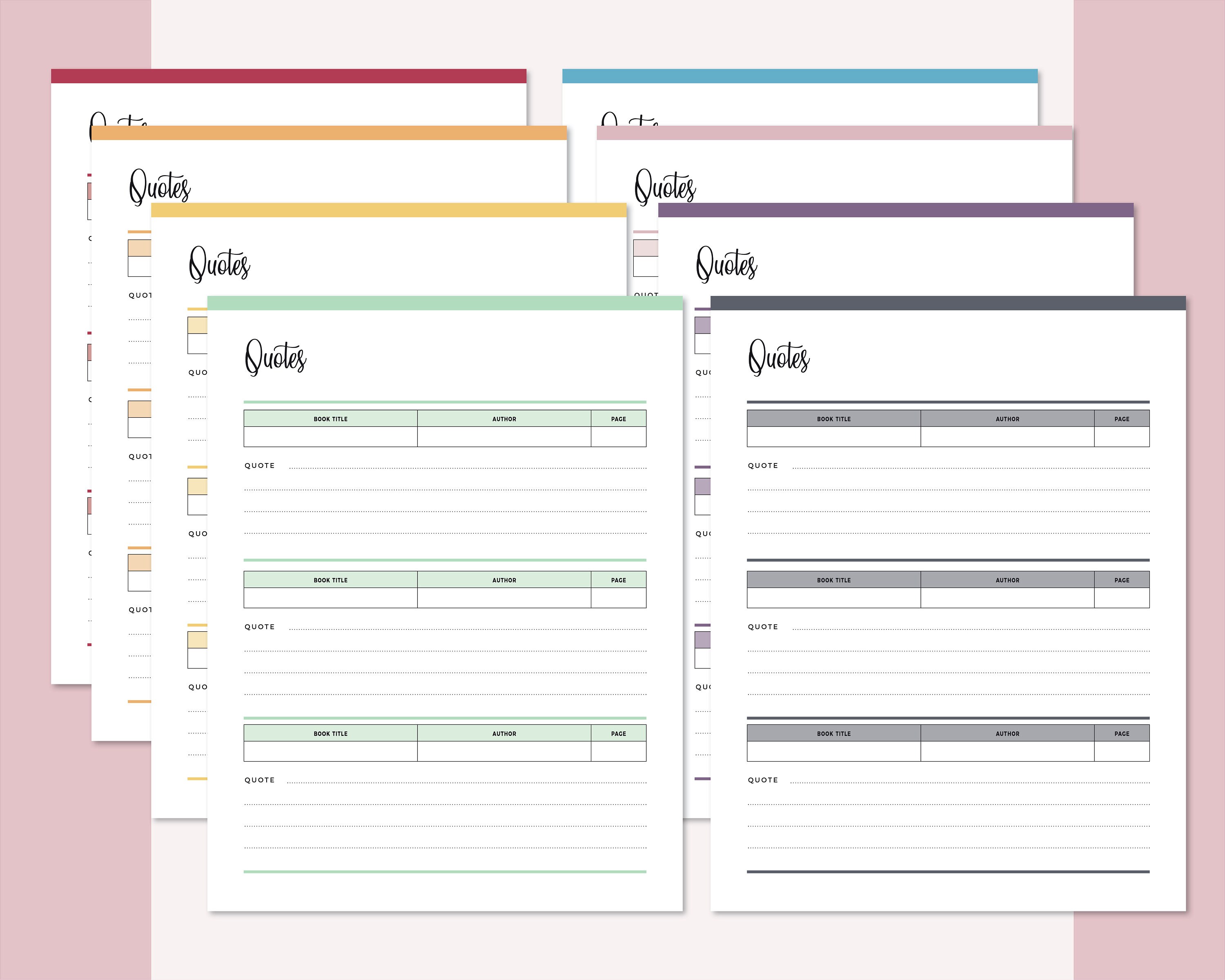 Printable Book Quote Sheet, Book Quote Planner, Quote Tracker, Book ...