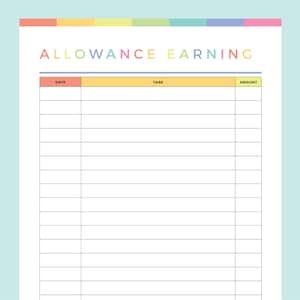 Printable Kids Allowance Earning Chart, Childrens Allowance Log, Pocket ...