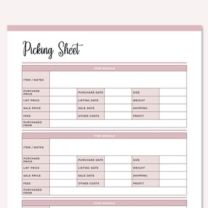 Printable Picking Sheet, Reseller Planner, Ebay Seller Picking Sheet ...