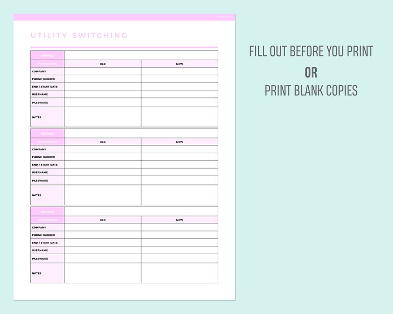 Editable Utility Switching Tracker Printable Moving House - Etsy