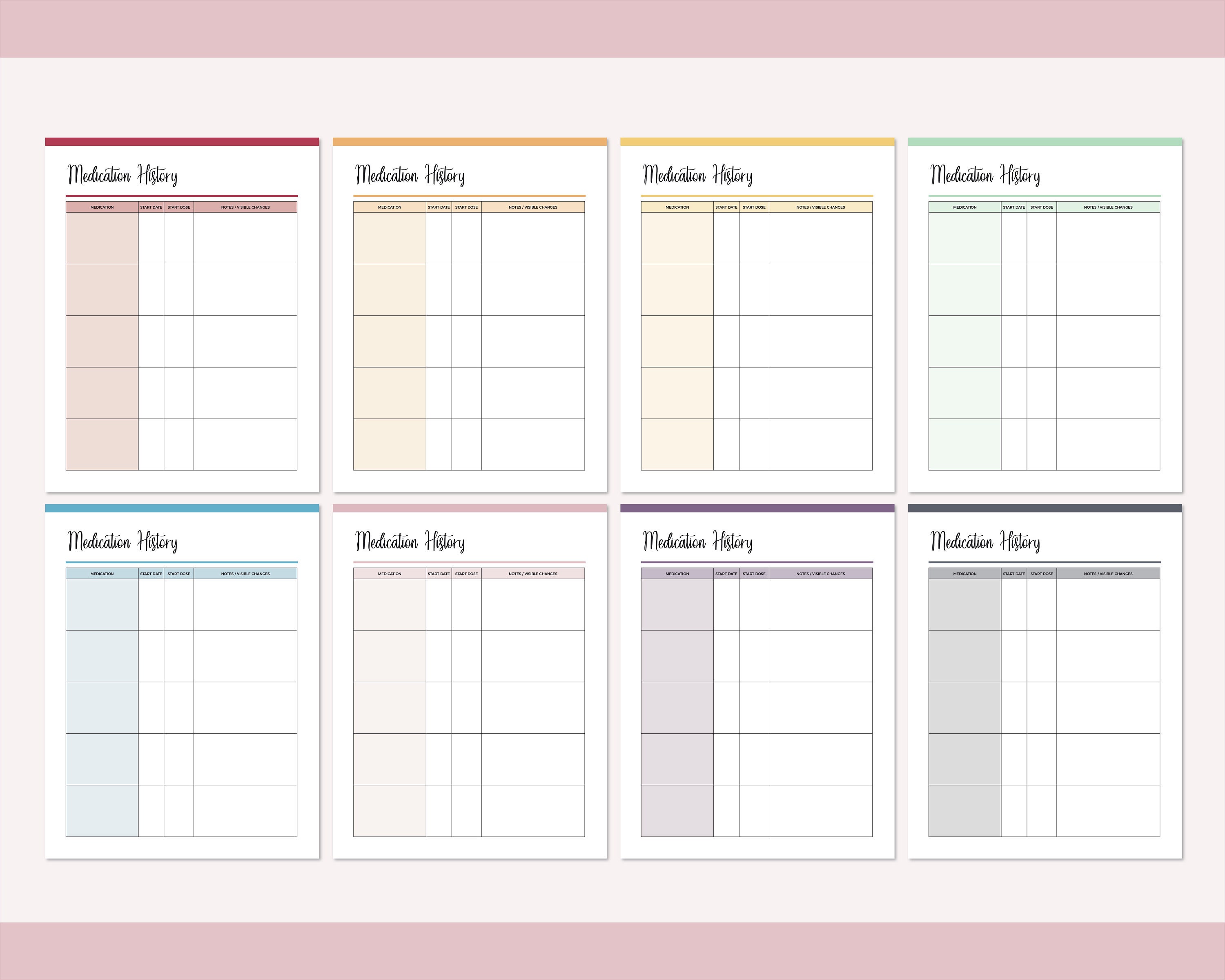 Printable Medication History Template, Medical Binder Planner Insert ...