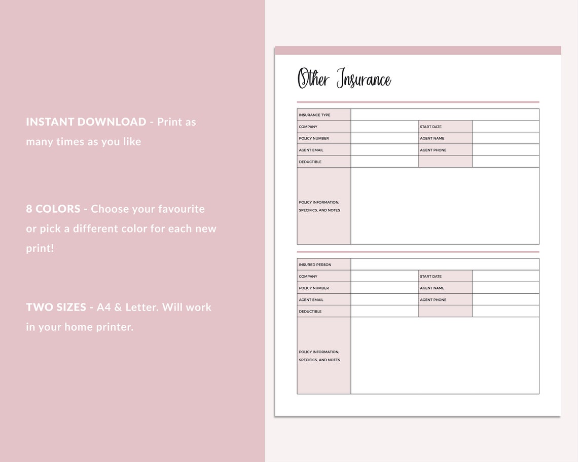 Insurance Tracker Printable Insurance Tracking Template - Etsy