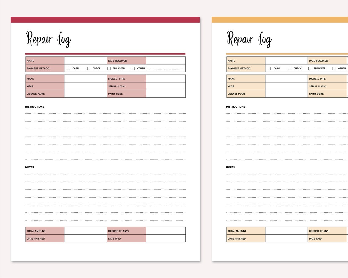 Printable Mechanic Repair Log - Auto Body Repair Sheet, Mechanical ...