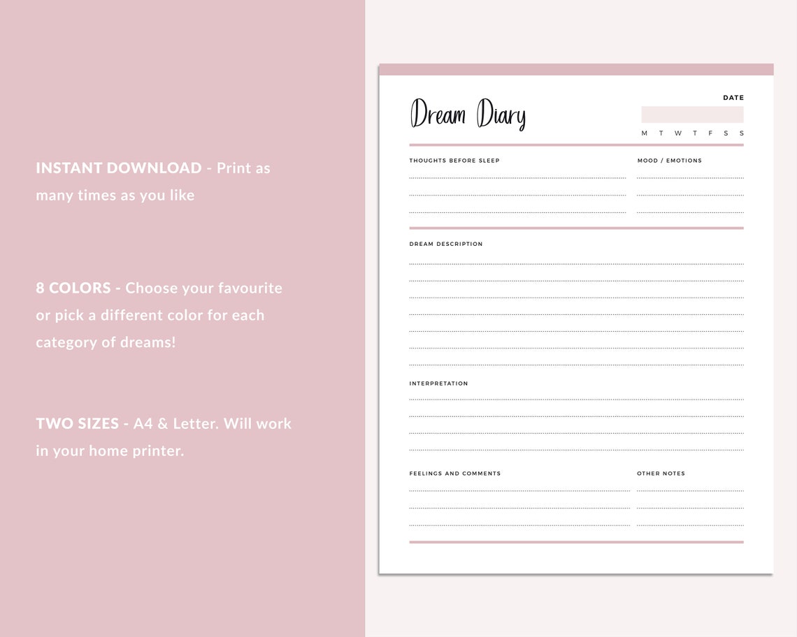 Printable Dream Journal Print at Home Dream Diary Dream - Etsy