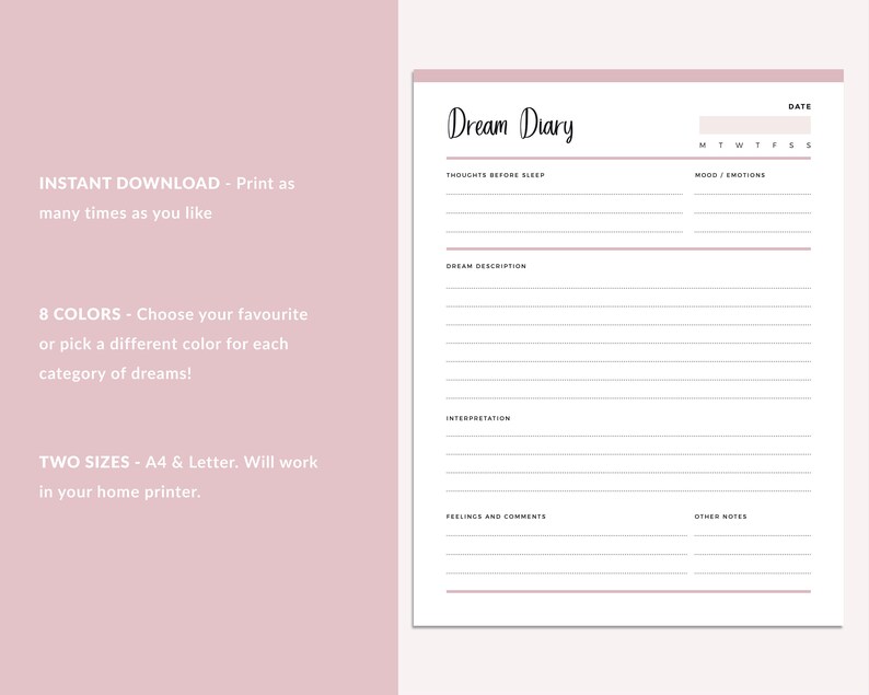 Printable Dream Journal, Print at Home Dream Diary, Dream ...