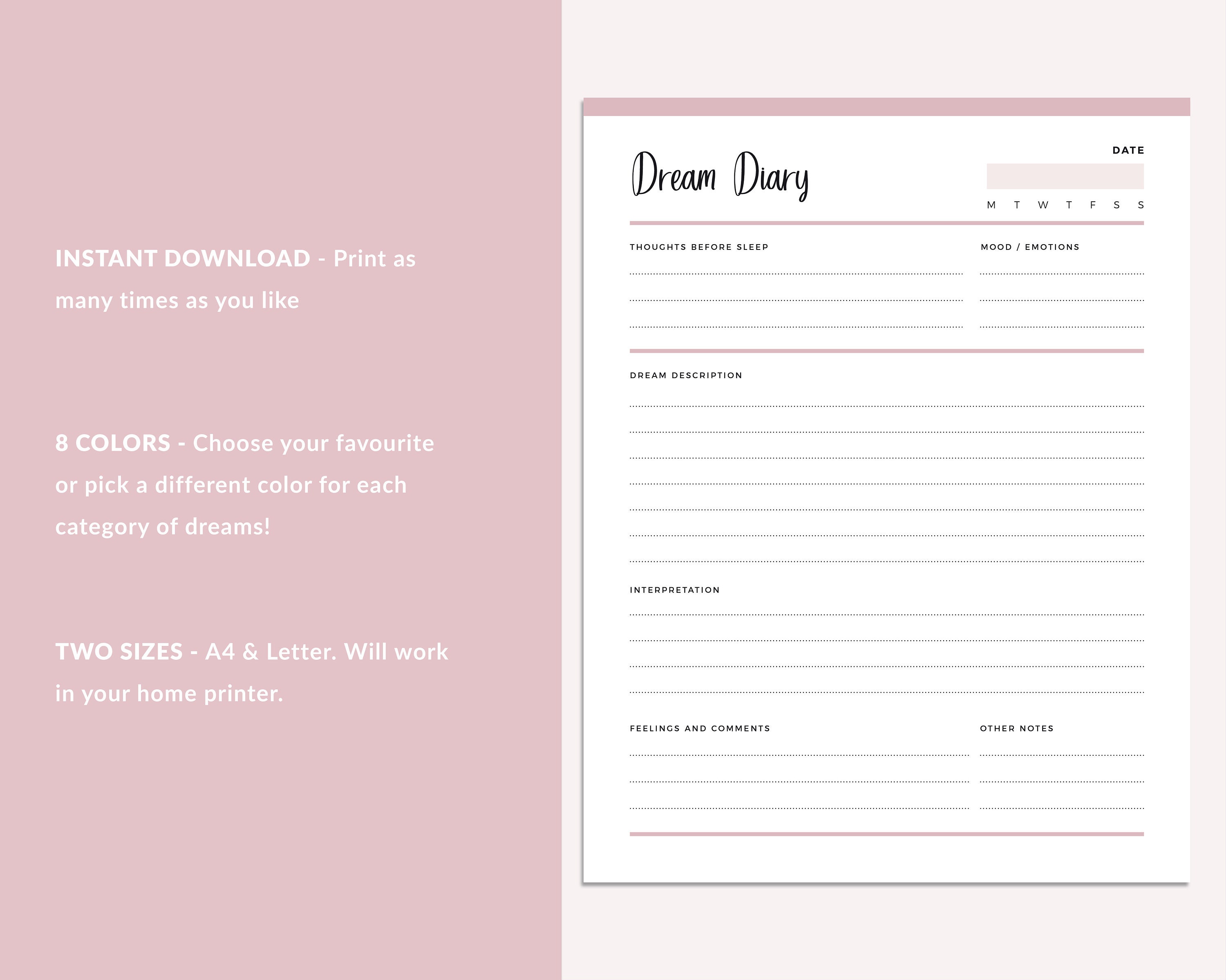 Printable Dream Journal Print at Home Dream Diary Dream - Etsy