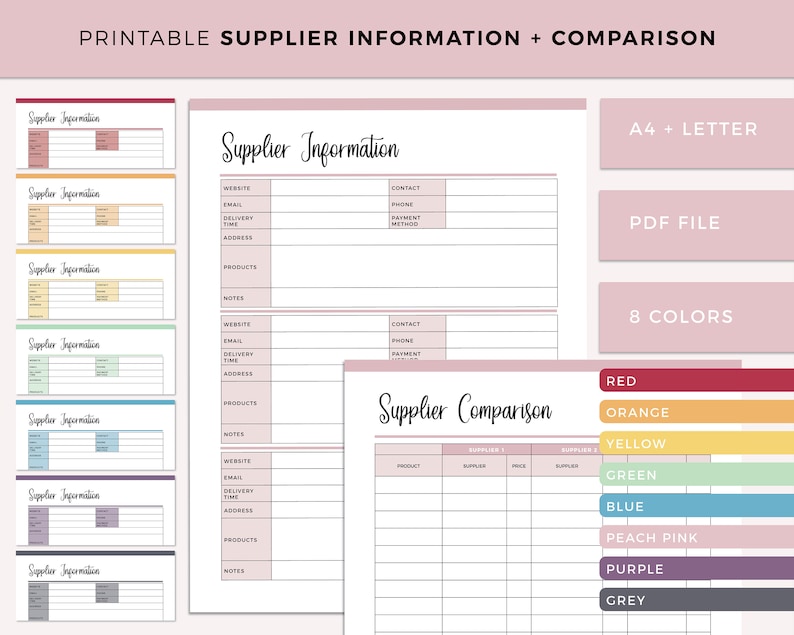 Printable Supplier Information and Comparison Sheet Small | Etsy