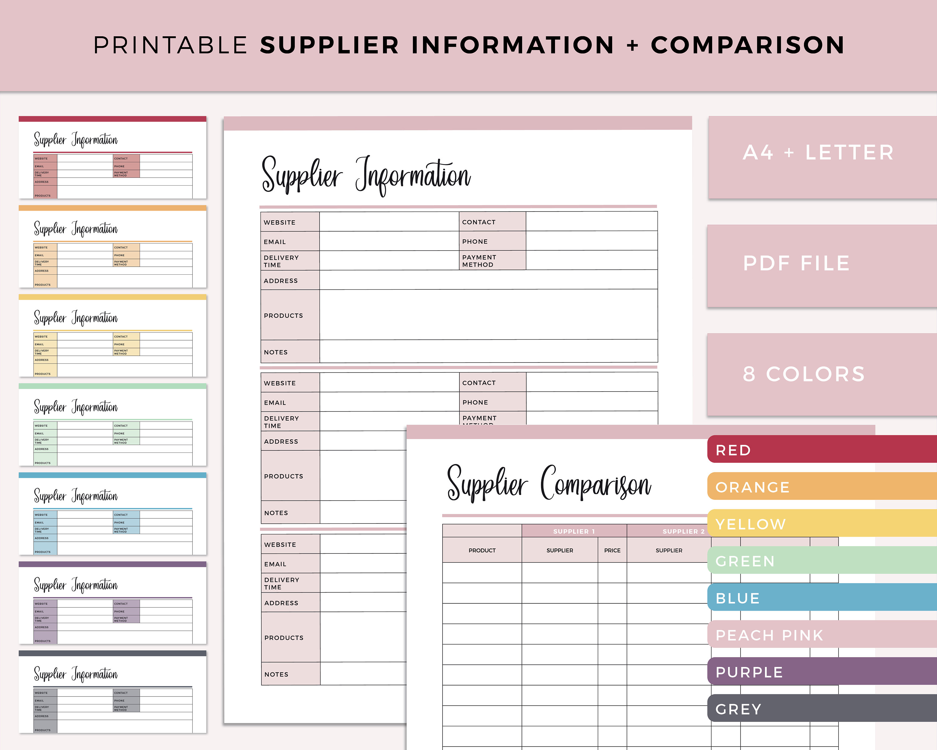 Printable Supplier Information and Comparison Sheet Small | Etsy