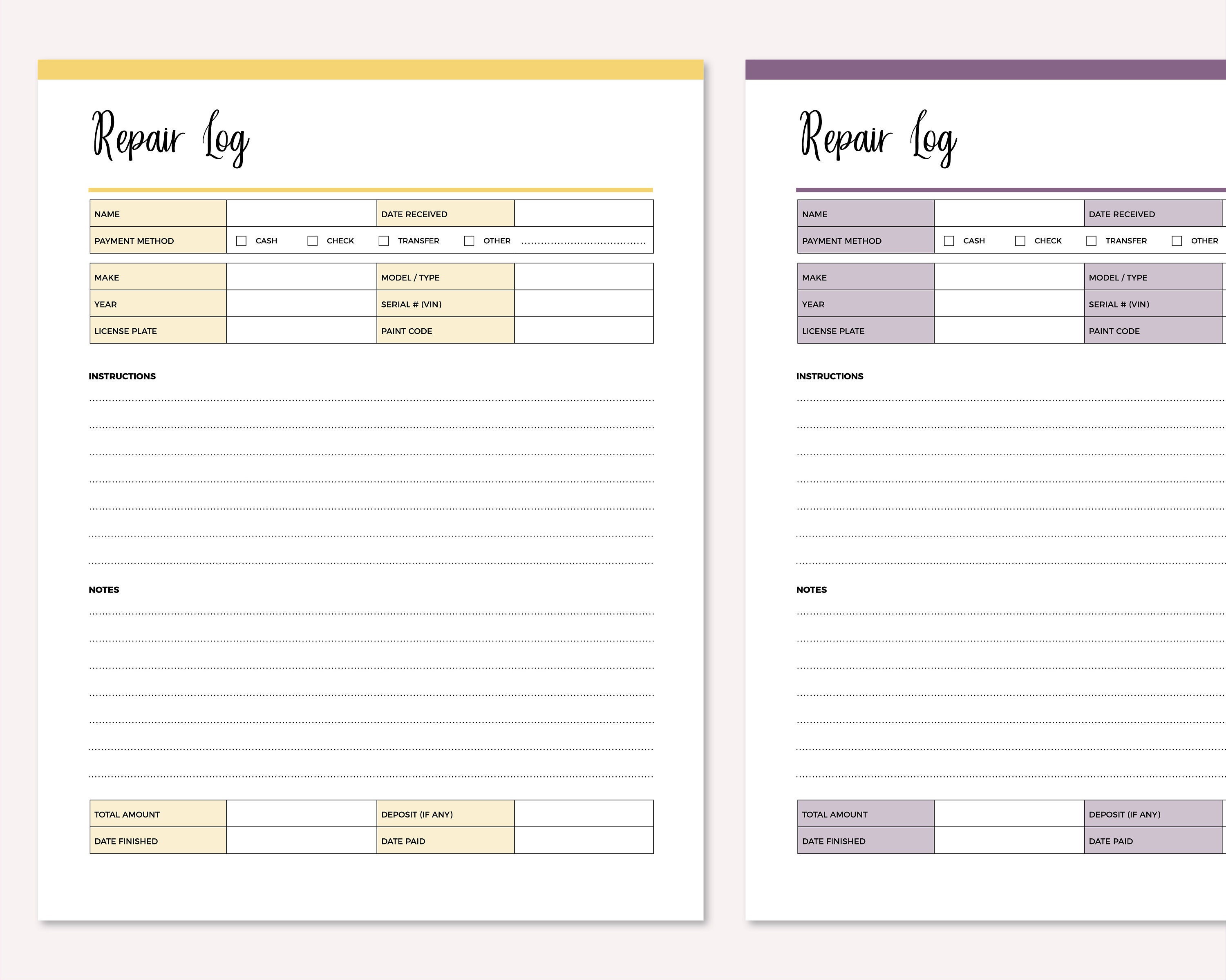 Printable Mechanic Repair Log - Auto Body Repair Sheet, Mechanical ...