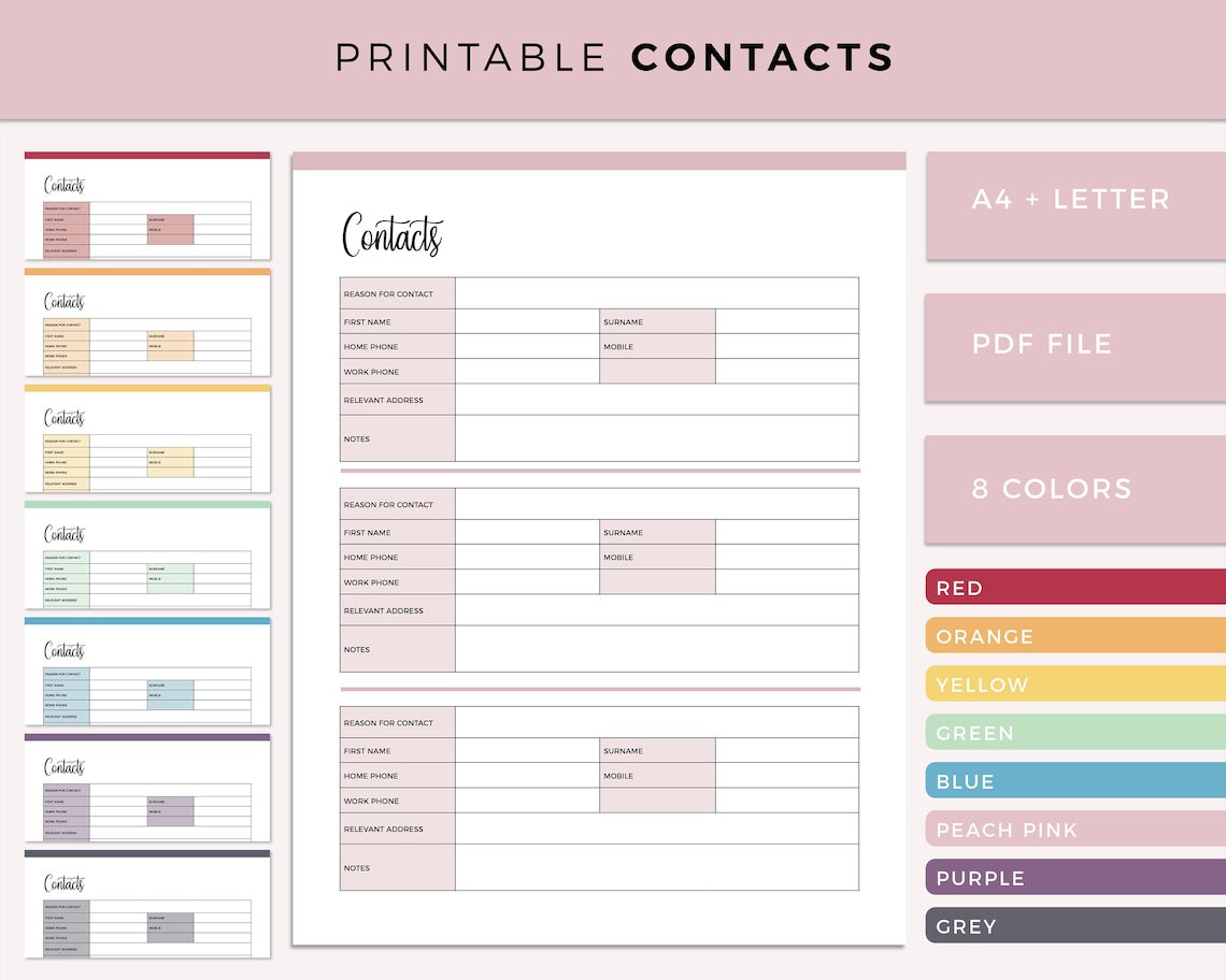 Printable Contact List Print at Home Address Book A4 and - Etsy