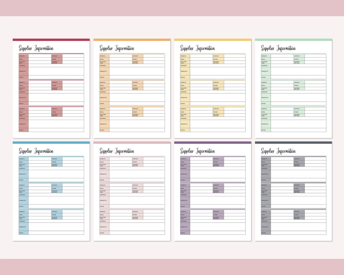 Printable Supplier Information Sheet, Business Supply Tracker, Small ...