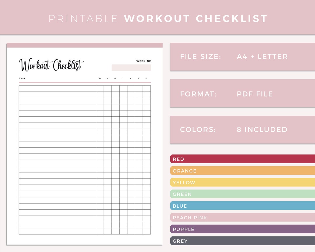 Printable Workout Checklist, Print at Home Daily Exercise List, Health ...