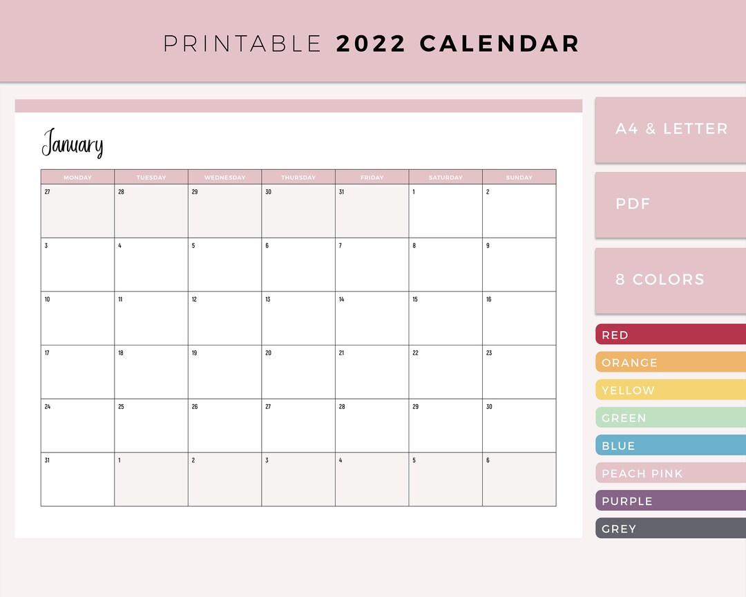 Printable 2022 Monthly Calendar, Landscape Calendar Template, Yearly ...