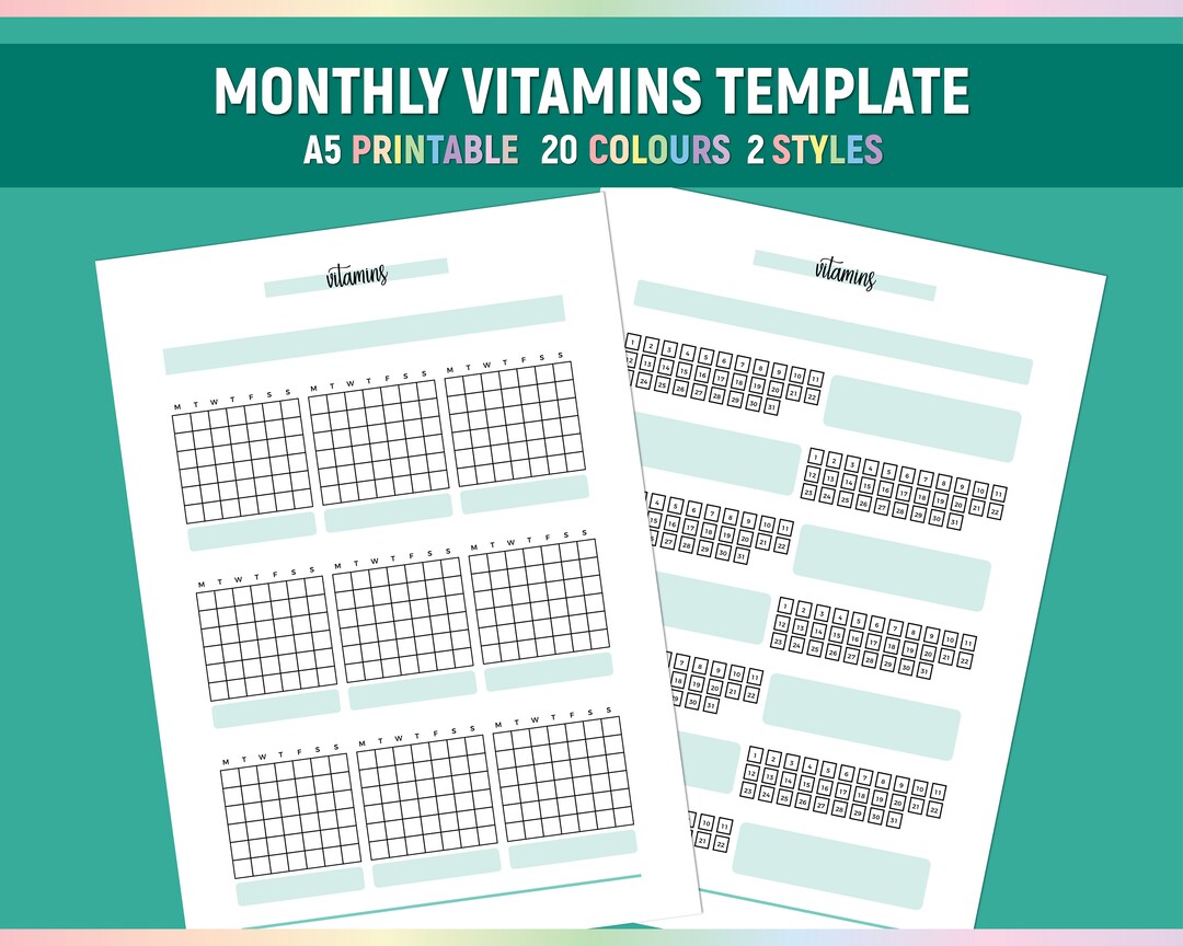 A5 Monthly Vitamins Template, Printable Supplement Tracking Tracker ...
