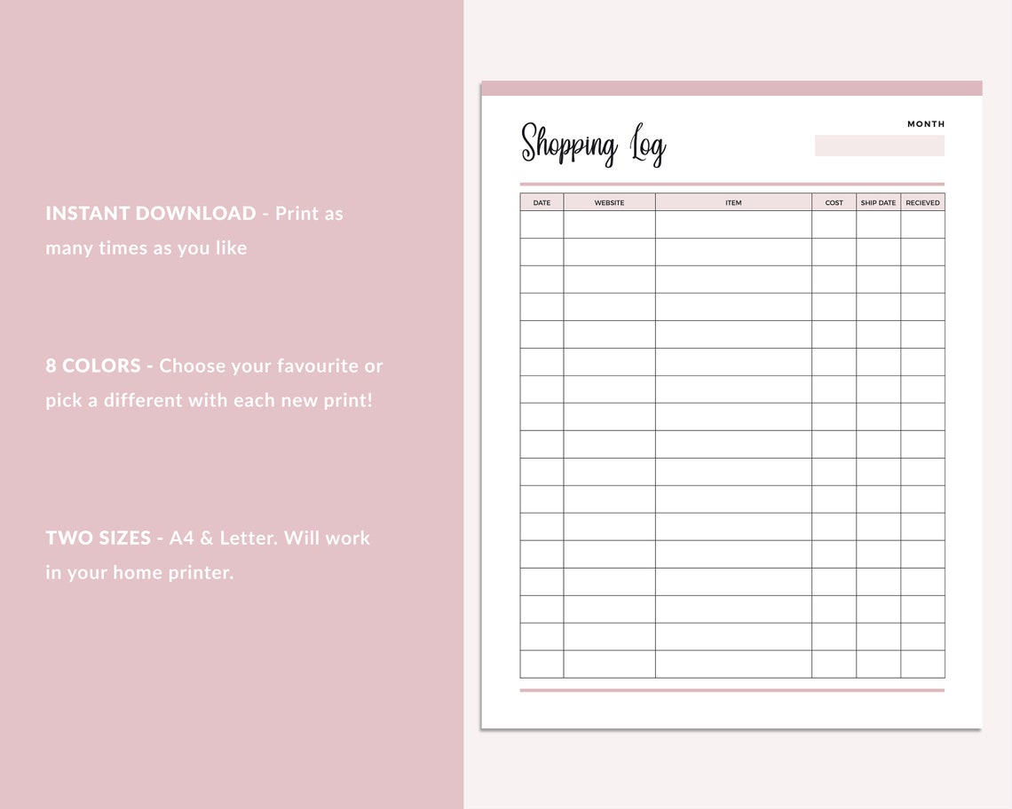 Printable Shopping Log Online Purchase Tracker Shopping - Etsy