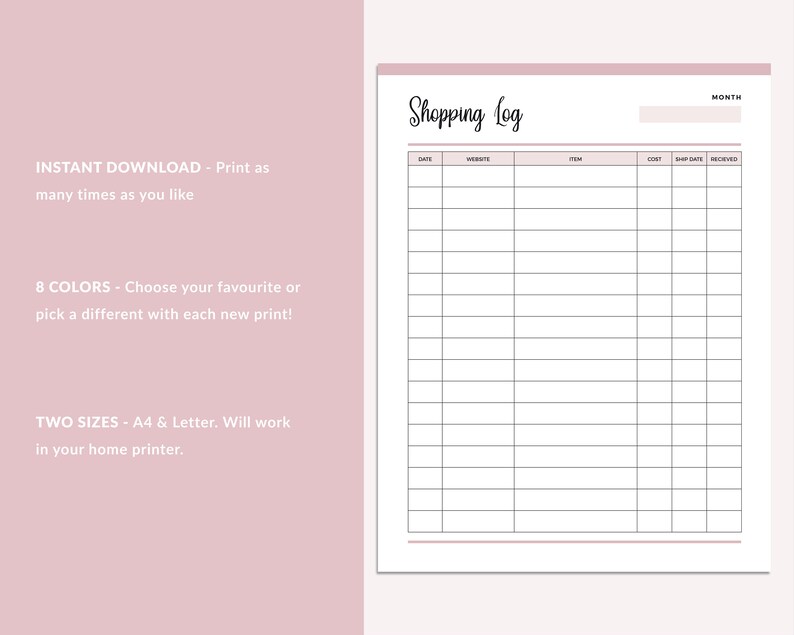 Printable Shopping Log Online Purchase Tracker Shopping - Etsy